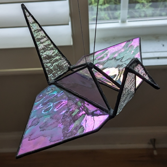 Hand Crafted | Art | Stained Glass Origami Crane Clear Iridescent ...
